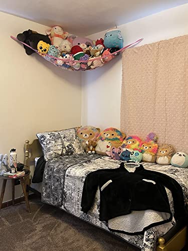 Huijukon Corner Toy Storage Net Hammock Organizersr Collection for Stuffed Animals Squishmallows Teddy Cuddly Plush Soft Toys | Size: 72" x 48" x 48" (Pink)