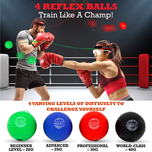 Soul Shift - 4 X Boxing Reflex Balls and Reaction Ball and Safety Glasses - Hand Eye Coordination, Boxing Reflex Ball Headband, Boxing MMA Training Equipment, Punching Ball