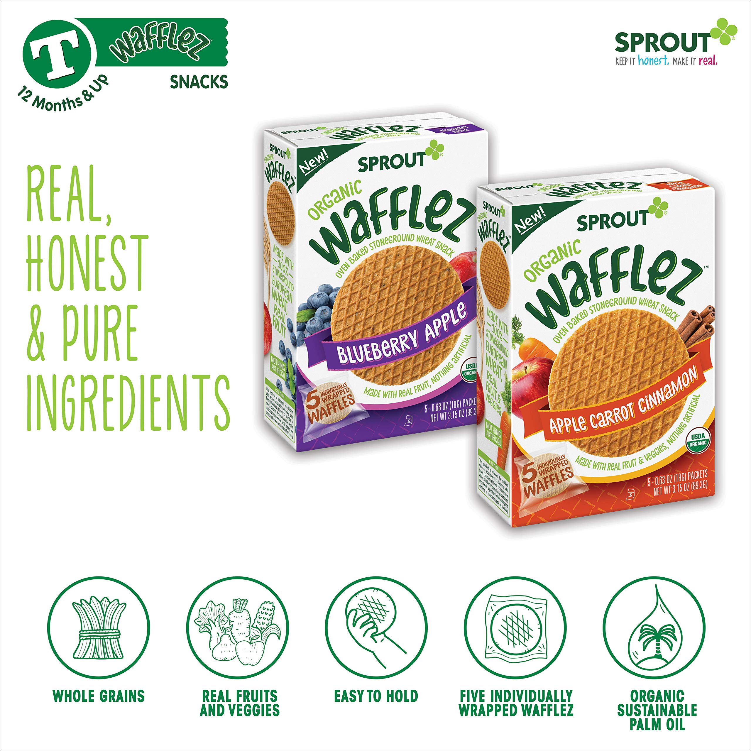 Sprout Organic Baby Food, Stage 4 Toddler Snacks, Blueberry Apple and Apple Cinnamon Wafflez Variety Pack, Single Serve Waffles (20 Count)