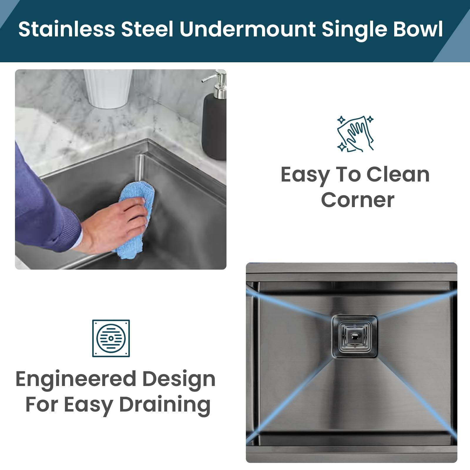 Strictly Sinks Undermount Workstation Kitchen Sink β Black 23 Inch 16 Gauge Single Bowl Kitchen Sink with Grid, Wooden Cutting Board, Colander, 1 Square Strainer Drain & 1 Garbage Disposal Adapter