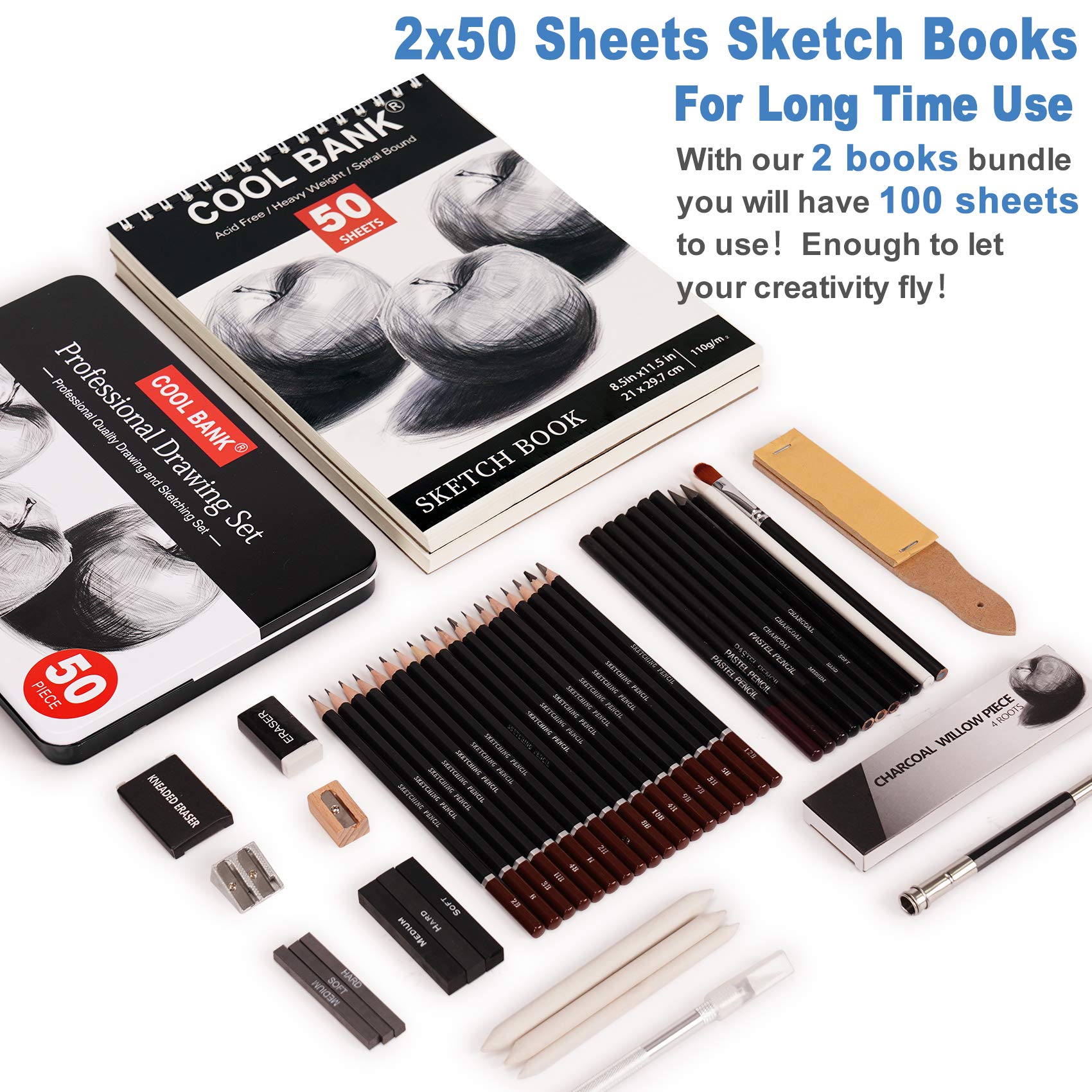 52-Piece Drawing Set with Pencils, Charcoals, Pastels - Includes 2 Drawing Pads, Sharpener, Art Supplies in Tin Box