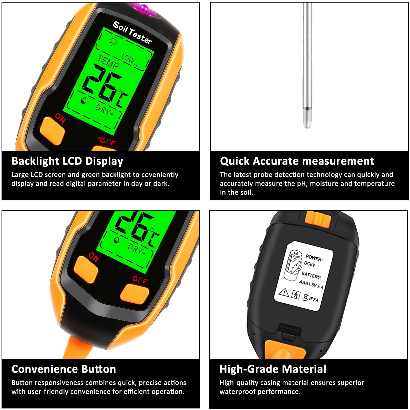 4-in-1 Soil Moisture Meter Digital Plant Temperature/Soil Moisture/PH Meter/Sunlight Intensity/Environment Humidity Backlight LCD display Soil Test Meter for Gardening, Farming and Outdoor Plants
