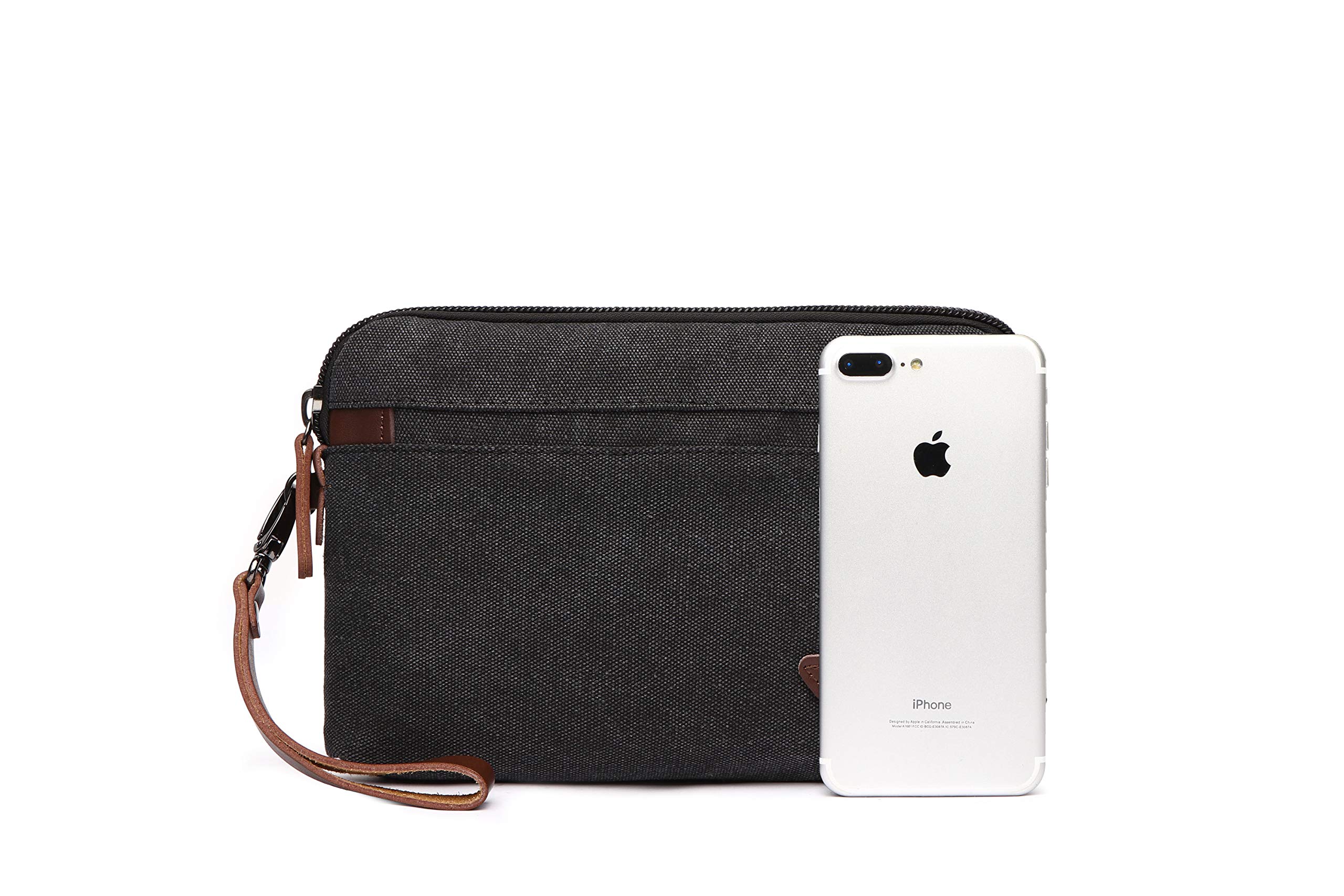 Canvas Wristlets Bag Large Clutch Bag Wallet Purse Zipper Pouch Handbag Organizer with Leather Strap Wristlet Purse for Men (Black)