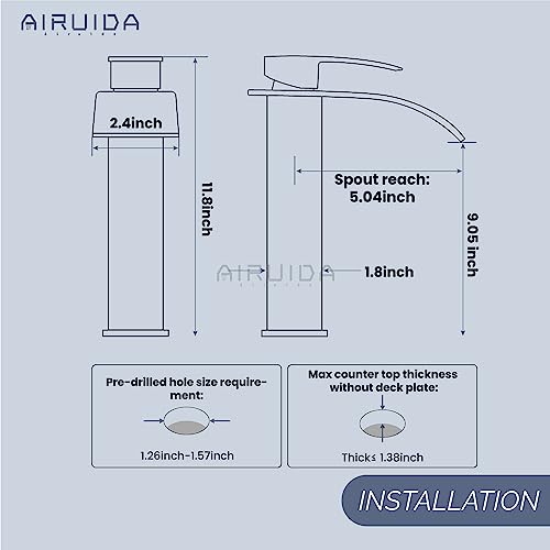 Airuida Vessel Sink Faucet Matte Black, Tall Waterfall Bathroom Faucet, Single Handle One Hole Mixer Bowl Tap with Large Rectangular Spout, Bar Sink Faucet Lavatory Vanity