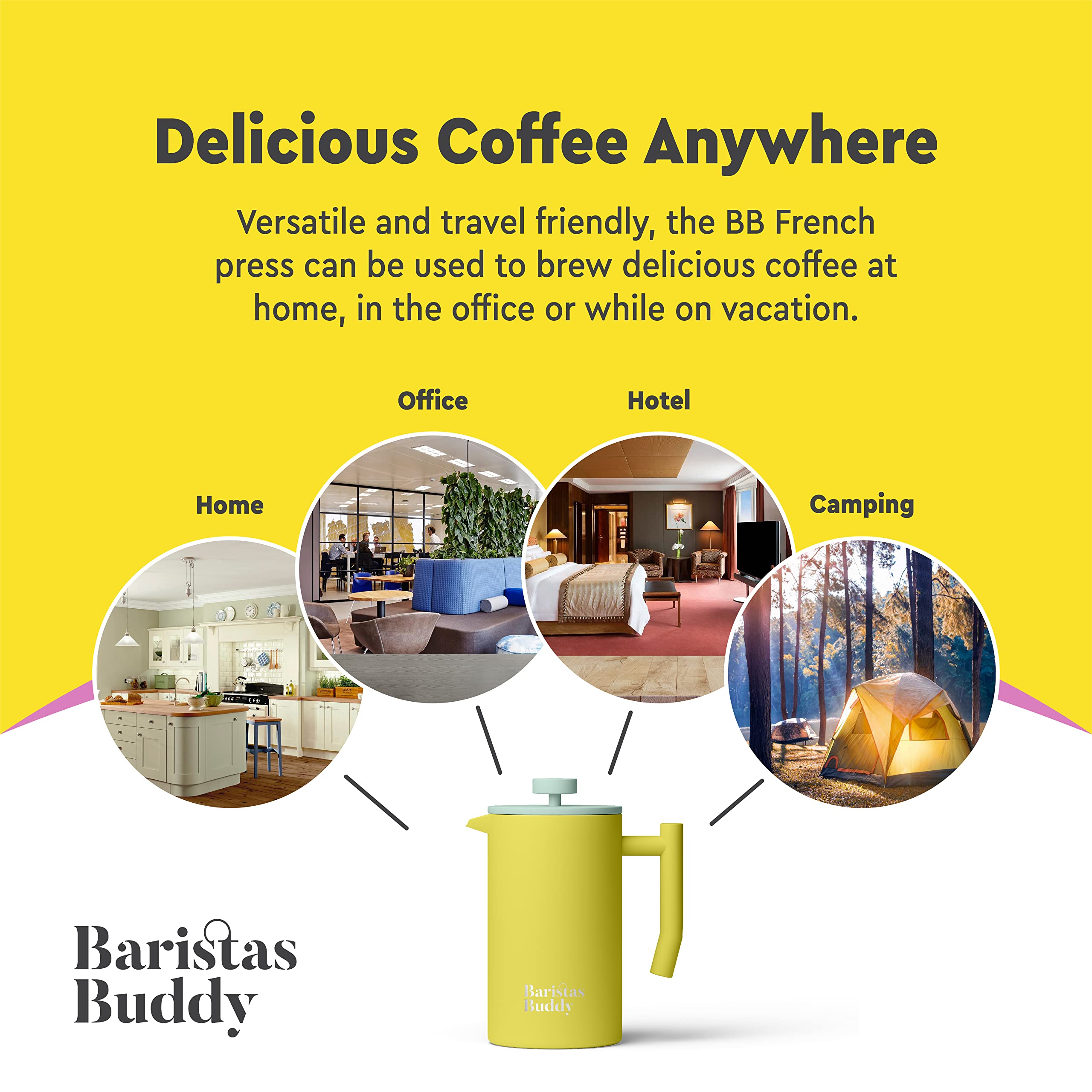 BaristasBuddy Yellow French Press Coffee Maker - Colorful, Retro And Stylish Insulated Coffee Brewer - Large Size Brews 4 Cups