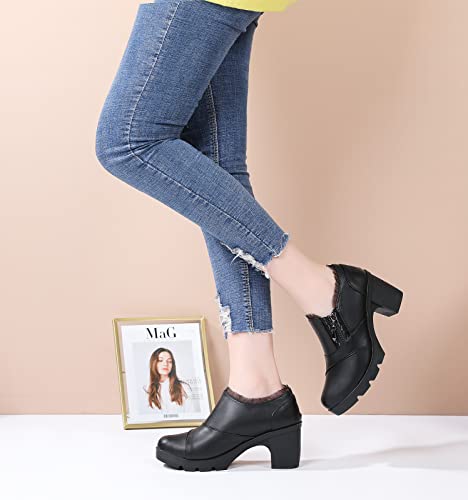 DADAWEN Women's Casual Zipper Lace Platform Mid-Heel Square Toe Oxfords Dress Shoes Black US Size 8