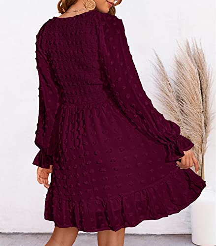 BTFBM Women Long Sleeve V Neck Smocked Short Dress Flowy Casual SwissDot Ruffle Mini Babydoll Summer Fall Dresses 2023(Solid Wine Red, Large)