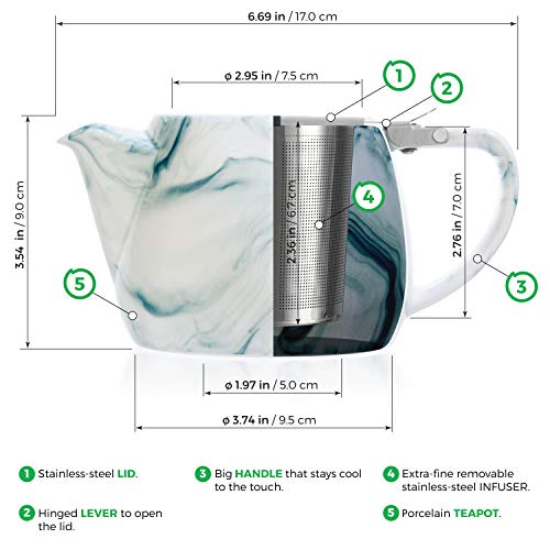 Tealyra - Marble Porcelain Teapot Turquoise - 22-ounce (2-3 cups) - Unique Design - Extra-Fine Infuser and Stainless Steel Lid - Infuse Loose Leaf Tea or Bags - 650ml