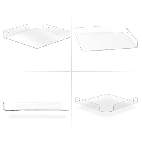 BRAINWAVZ 2-Pack 10β Corner Floating Shelf for Speakers, Books, Decor, Plants, Cameras, Photos, Kitchen, Bathroom, Routers & More Universal Small Holder Acrylic Wall Shelves (Clear)
