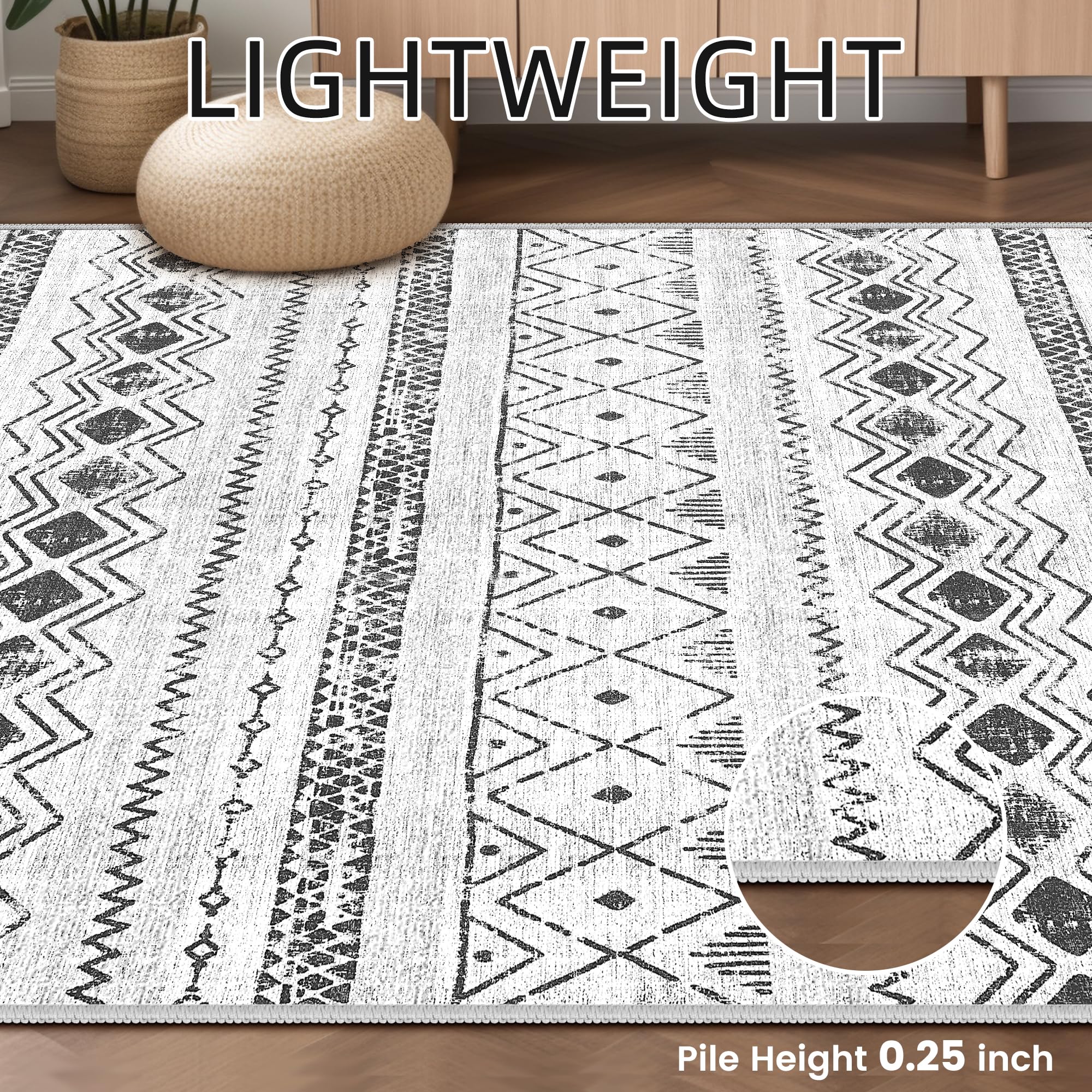 Boho Moroccan Area Rug 8x10 - Large Indoor Geometric Neutral Rug for Living Room Bedroom Dining Table Modern Home Office - Soft & Machine Washable Foldable Farmhouse Carpet - Grey
