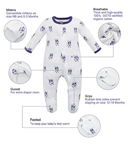 Owlivia Organic Cotton Baby Pajamas, Boys Girls 3-Pack Zip Front Sleep 'N Play Pjs, Footed Sleeper, Long Sleeve (0-3 Months, Pink heart)
