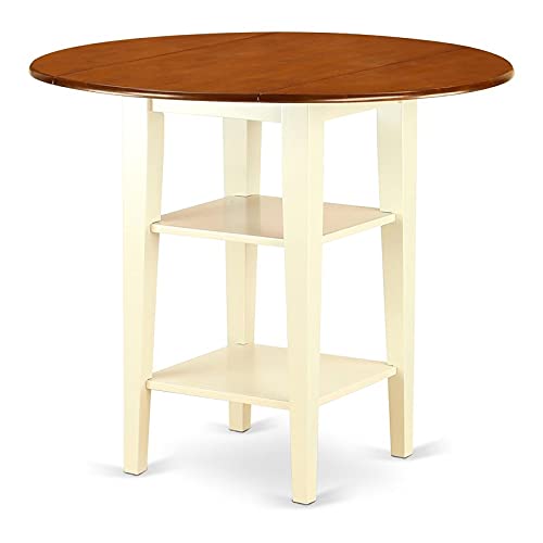 East West Furniture SUT-BMK-H Sudbury Counter Height Dining Table - a Round Dinner Table Top with Dropleaf & 2 shelves, 42x42 Inch, Buttermilk & Cherry