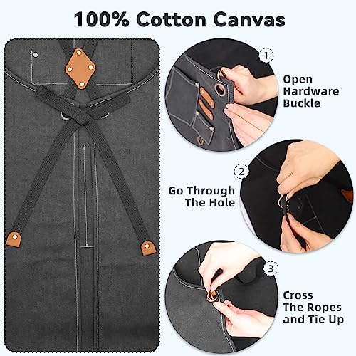 Bluegogo Chef Aprons for Men Women, Cotton Canvas Cross Back Adjustable Apron with Large Pockets for Kitchen Garden Salon (Black)