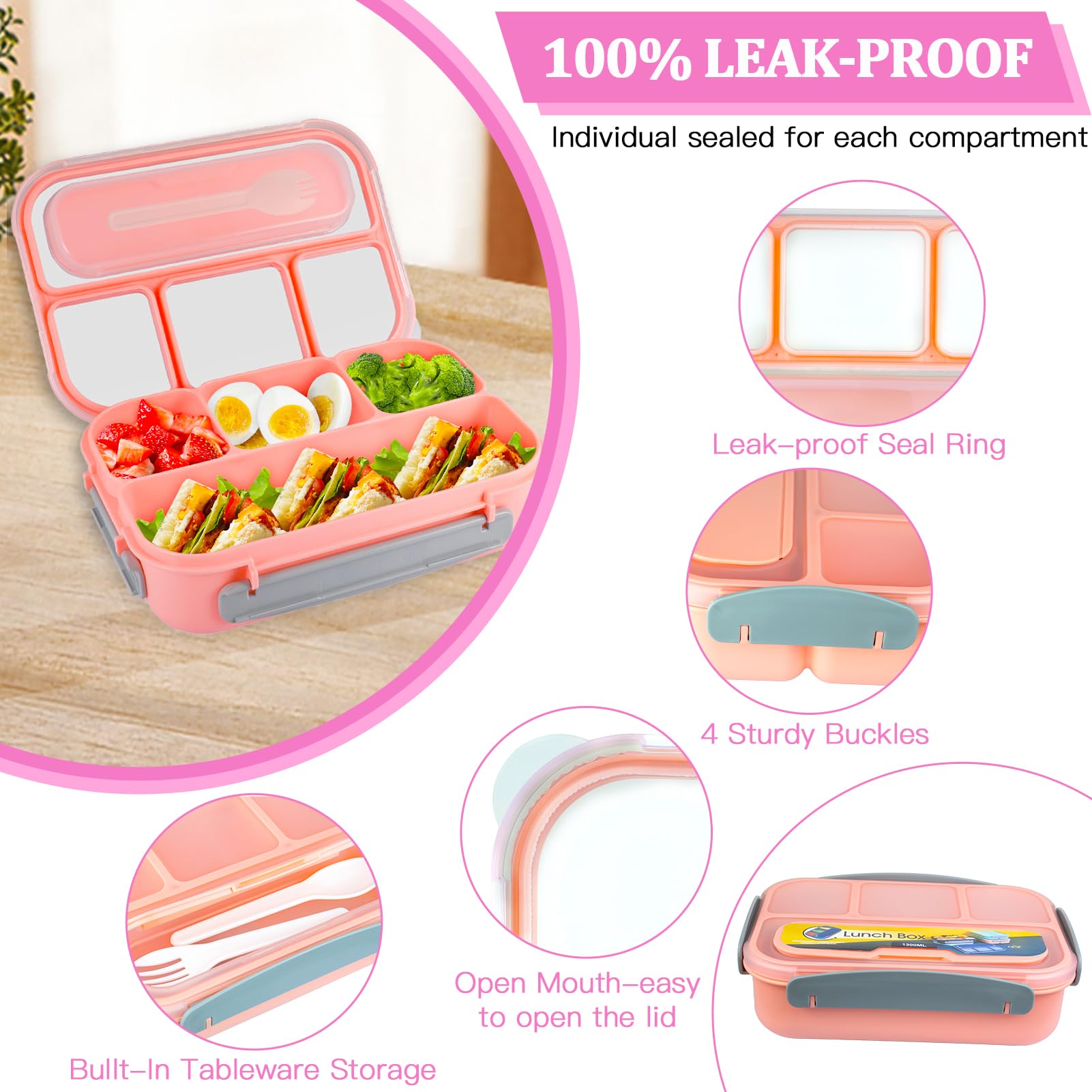 52Pcs Bento Box Lunch Box Kit, 1300ML Lunch Container for Kids/Adults/School, Durable Leak-proof Box 4 Compartments with Lunch Bag,Spoon,Fork,Accessories,for Dishwasher Refrigerator Microwave(Pink)