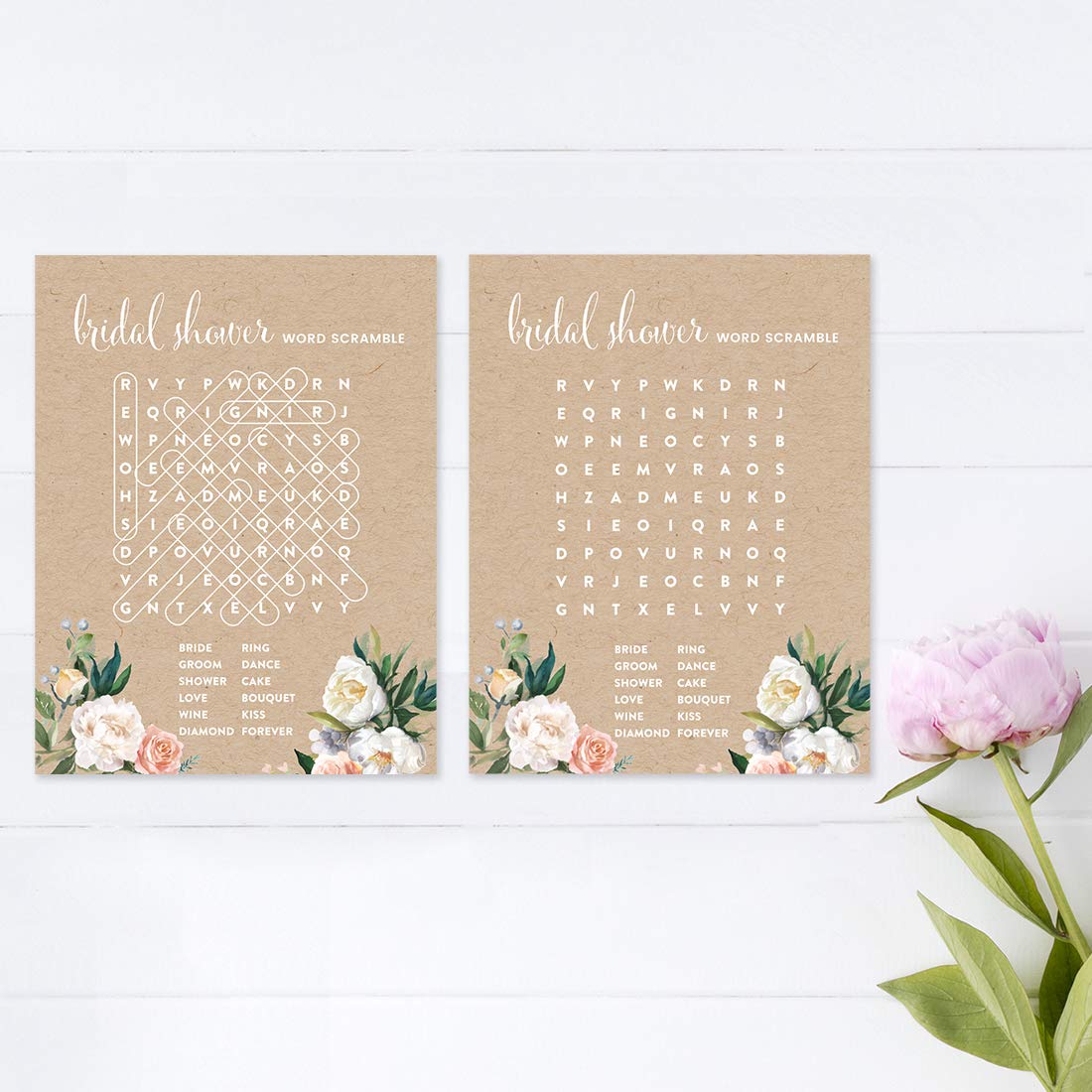 Andaz Press Peach Coral Kraft Brown Rustic Floral Garden Party Wedding Collection, Word Search Bridal Shower Game Cards, 20-Pack