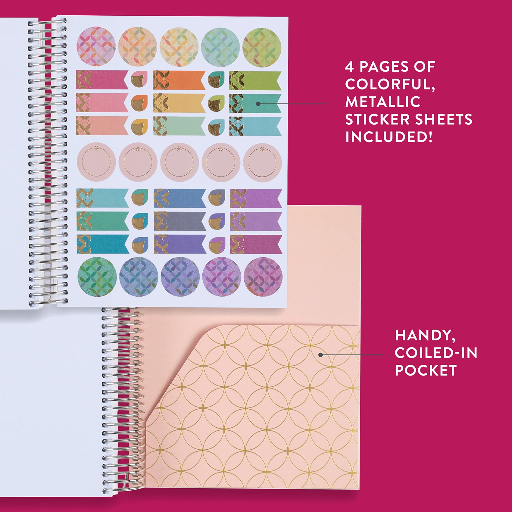 7” x 9” 12 Month Spiral Bound Life Planner ( Jan 2022 – Dec 2022 ) – Hello Kitty Metallic Asterisks Cover + Mid Century Circles Interior Pages. Horizontal Weekly and Monthly Agenda by Erin Condren.