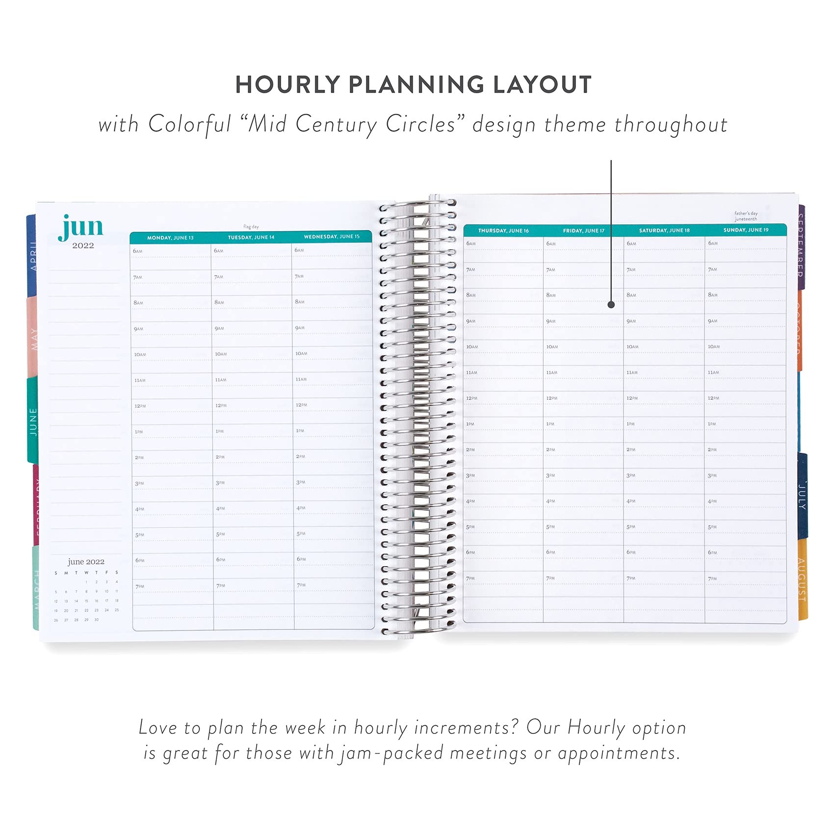 7” x 9” 12 Month Spiral Bound Life Planner ( Jan 2022 – Dec 2022 ) – Hello Kitty Metallic Asterisks Cover + Mid Century Circles Interior Pages. Hourly Weekly and Monthly Agenda by Erin Condren.