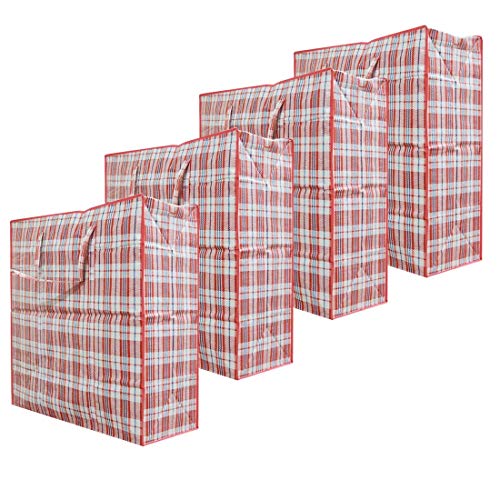 Set of 6 Jumbo Plastic Checkered Storage Laundry Shopping Bags W. Zipper & Handles Size 27" H X 25" L x 8.5" W Inch Assorted Color