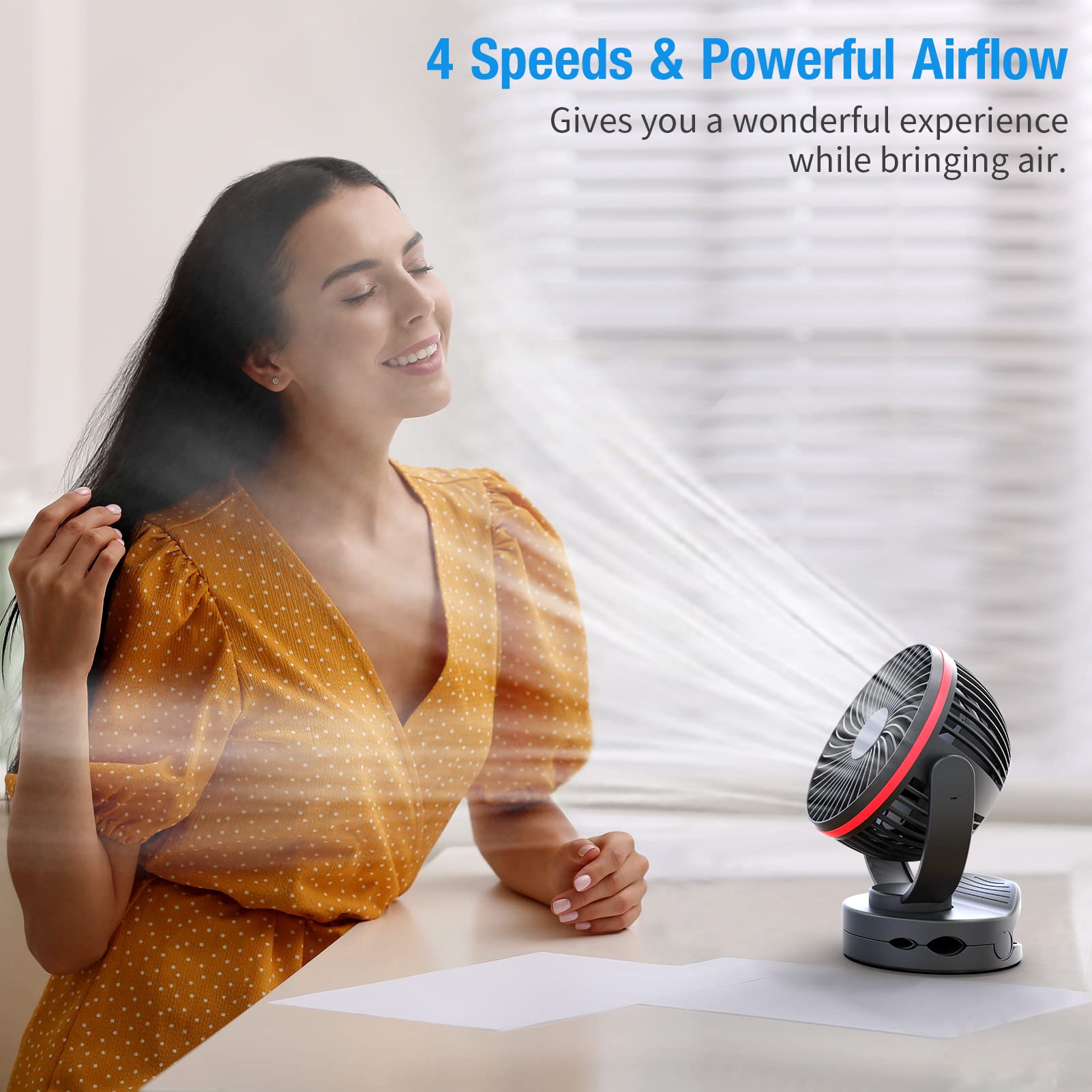 Battery Operated Camping Fan with Light, 5000mah Portable Clip On Fan, Personal Office Desk Fan For Travel Tent, Treadmill, 4 Speed, 35H, Hanging Hook, for Hurricane Emergency