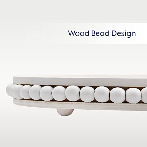 AuldHome Wood Beaded Tray (White), Decorative Farmhouse Style Oval Wooden Tray
