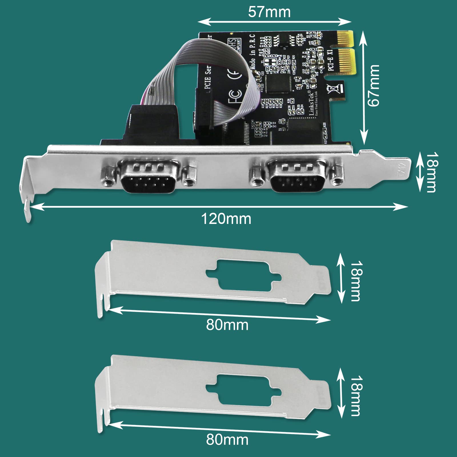LinksTek 2-Port PCI Express RS-232 DB9 Serial Port Card for Windows XP, Vista,7, 8.x, 10, 11 32/64bit and Linux PCs, PCIE RS232 Card, PCIE Serial DB9 Port Card (PCIE-SE2)