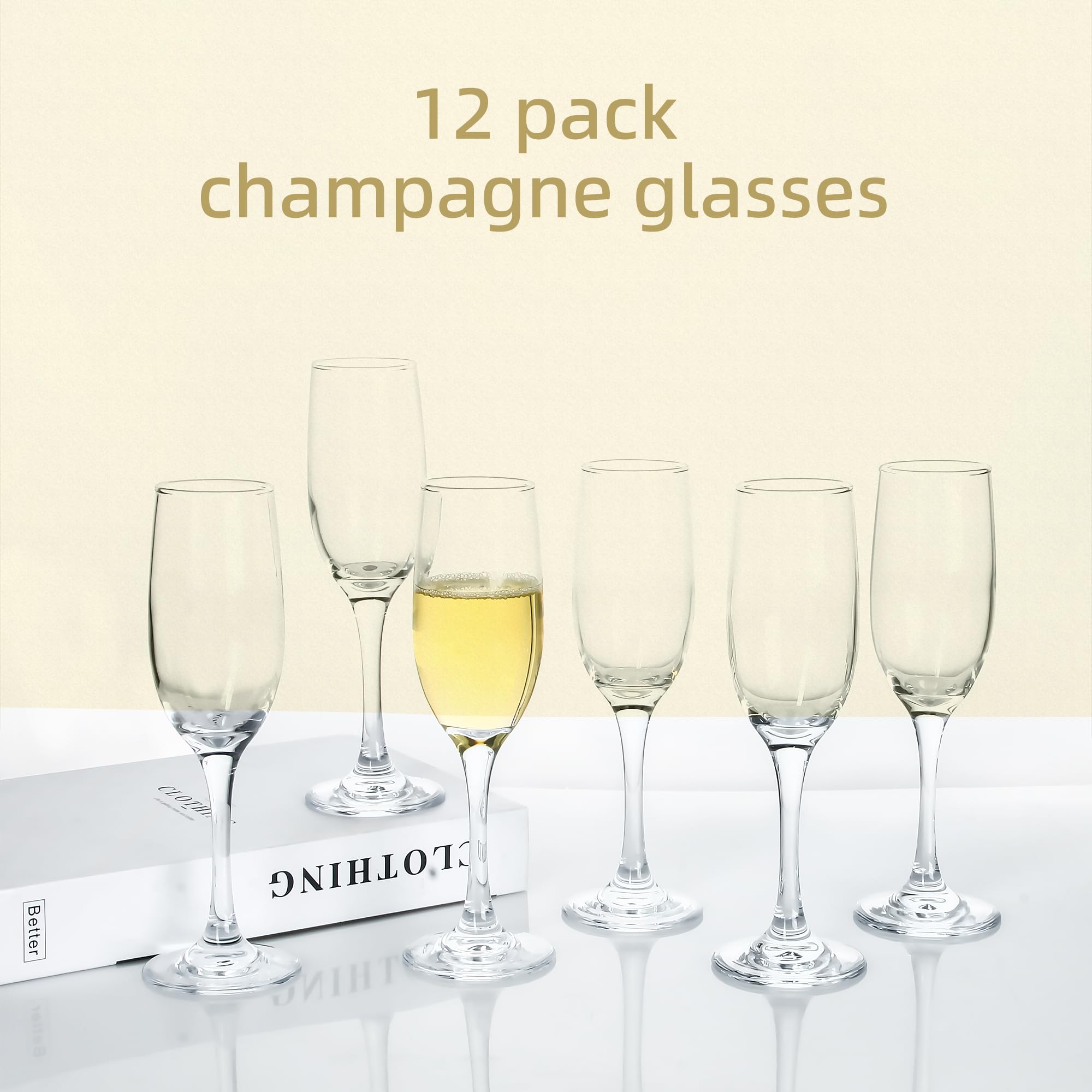 Elegant Champagne Glasses Set of 12, Long Stem Glass Champagne Flutes for Mimosa, Sparking Wine, Wedding, Party - 6 oz, Clear