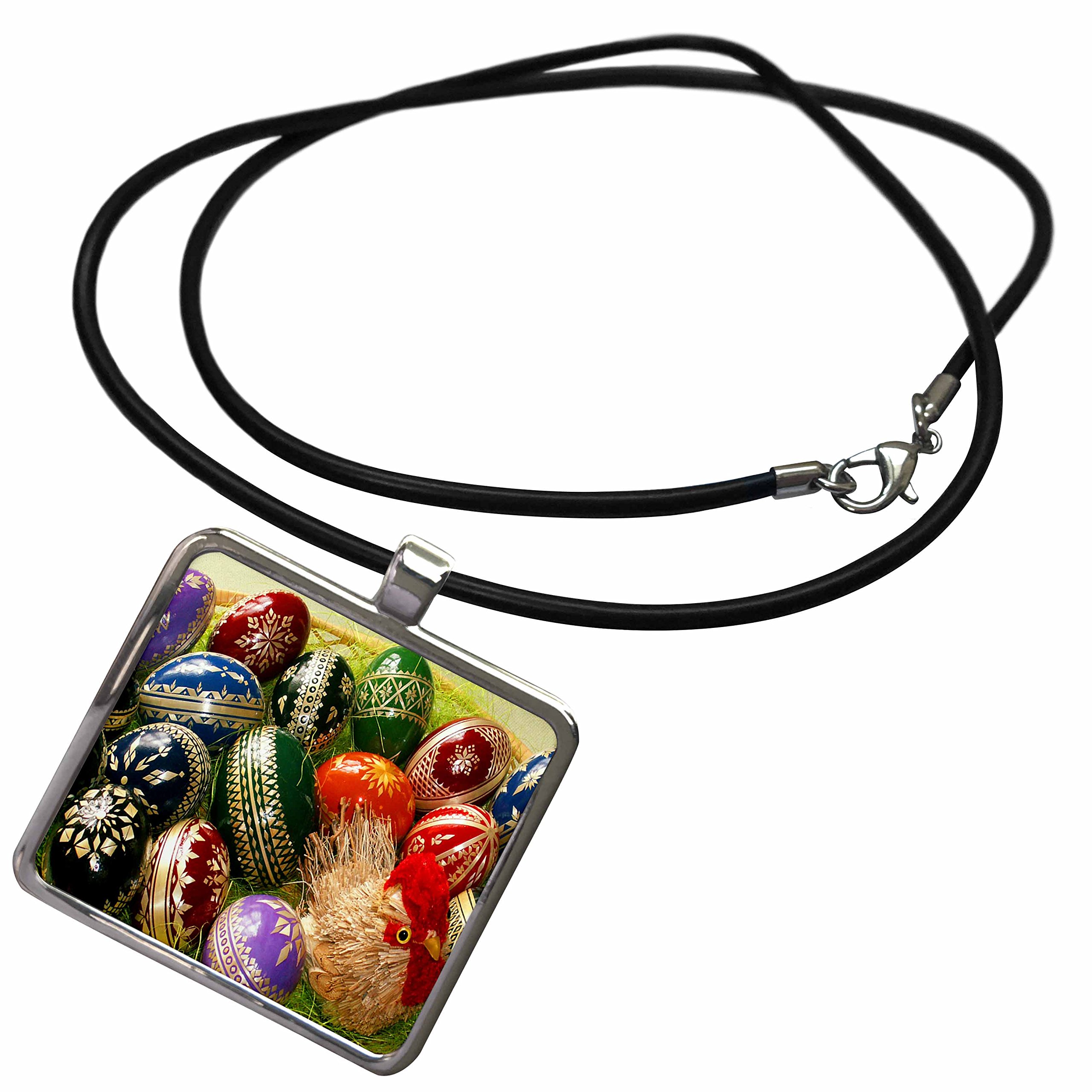 3dRose Sandy Mertens Easter - Chick and Decorative Easter Eggs - Necklace With Rectangle Pendant (ncl_42936_1)