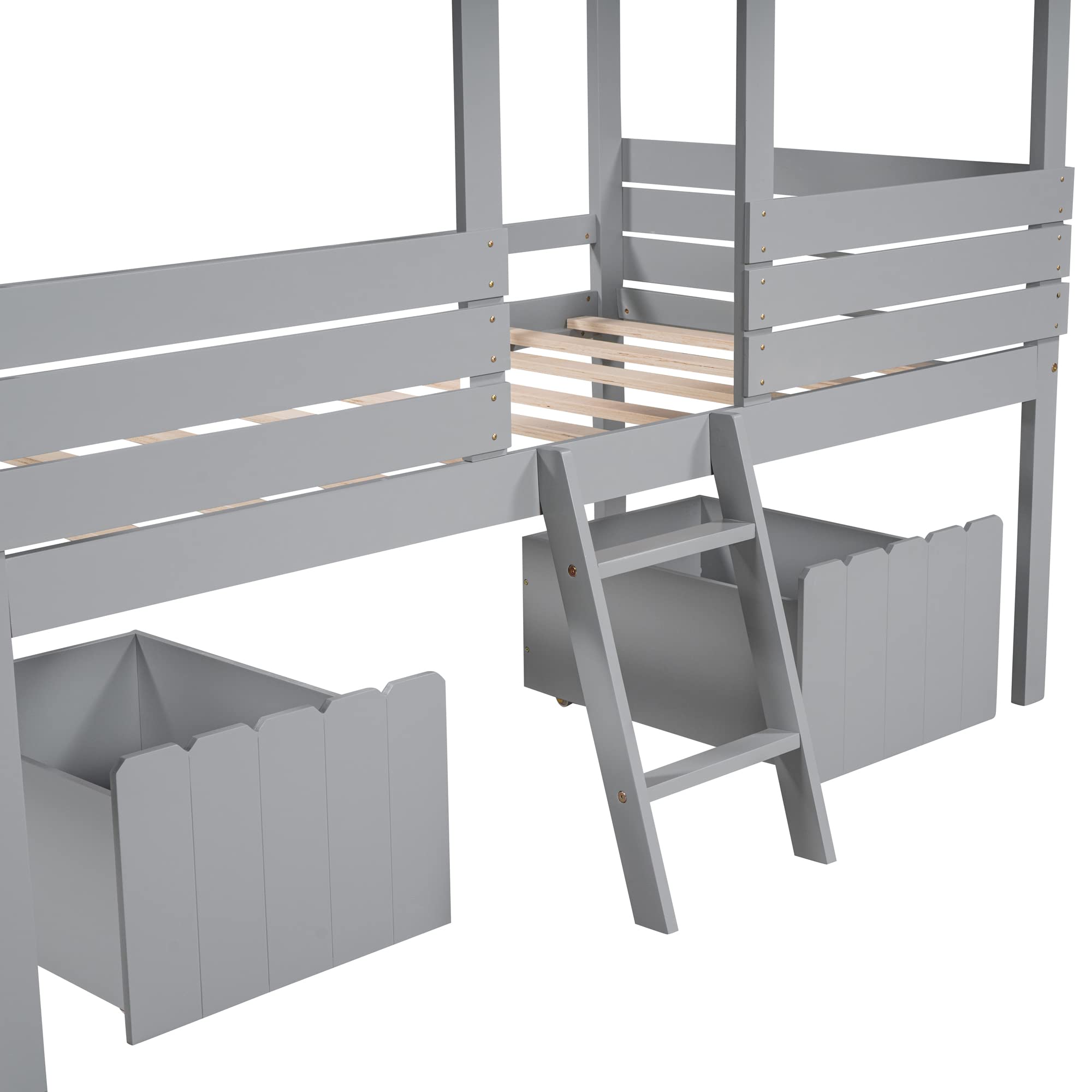 Harper & Bright Designs Low Loft House Bed with Storage, Wood Twin Size Loft Bed Frame with Two Drawers, Ladder, Roof, Windows for Kids Teens, Girls, Boys, No Box Spring Needed (Grey)