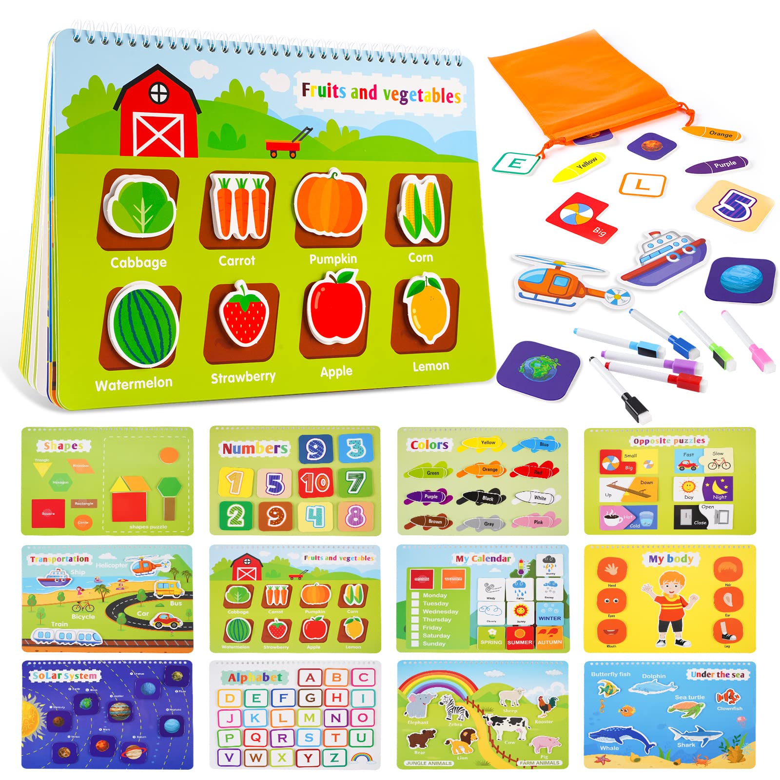 Busy Book with 8 Color Marker & Storage Bag, Preschool Activities Learning Toys for 3 Year Old Binder Sturdy Book, Montessori Toys for Toddlers Age 2-4 Autism Sensory Materials 12 Page