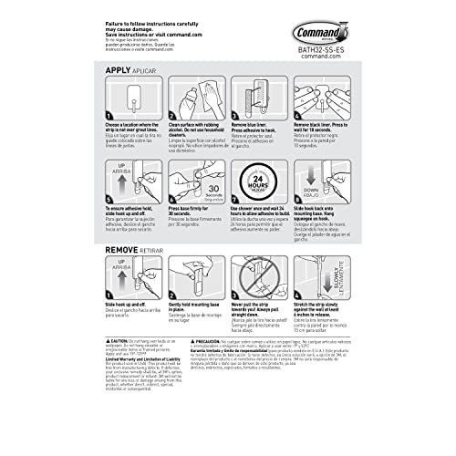 Command Bath Shower Small Water-Resistant Adhesive, Satin Nickel, 1 lb Capacity, 1 Squeegee, 1 Hook, 2 Strips, BATH32-SS-ES Caddy, 0