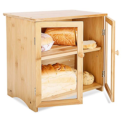 Leopard Bamboo Bread Box for Kitchen Countertop, 2 Layers Bread Boxes with Clear Window for Kitchen Food Storage, Large Bread Storage Bin with Cutting Board - Natural Bamboo