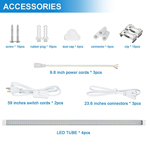 SHOPLED 8FT LED Shop Light Fixture, 90W 11700LM 6000K Cool White, D Shape, High Output, Clear Cover, T8 Linkable 8 Foot LED Tube Light for Garage with Plug, Warehouse, Workshop, 4 Pack