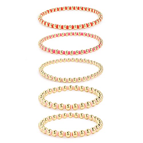 CONRAN KREMIX Gold Beaded Bracelets 14K Gold Plated Bead And Pink Heishi Clay Bead Stackable Stretch Bracelet Set Gold Jewelry For Women