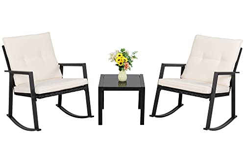 Shintenchi 3 Pieces Rocking Bistro Set Wicker Patio Outdoor Furniture Porch Chairs of 2 Outdoor Furniture Rattan Chair Conversation Sets with Glass Coffee Table (Beige)