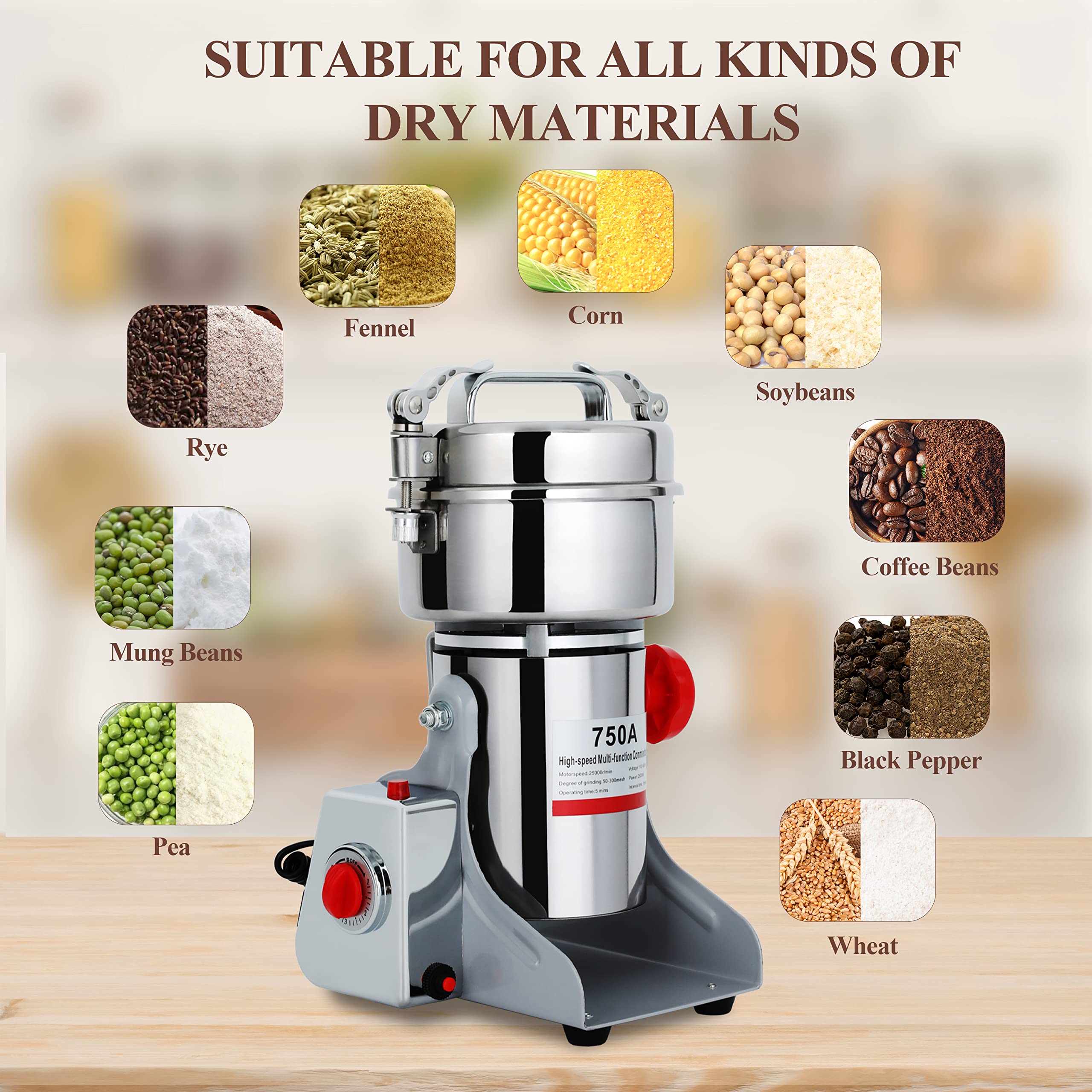 750g Electric Grain Dry Grinder Commercial Swing Type Dry Mill Machine, Stainless Steel 2600W High Speed Pulverizer for Coffee Spice Grindā¦