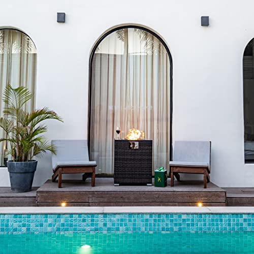 AJ Enjoy 24in Outdoor Propane Gas Fire Pit Table, 40,000 BTU Auto-Ignition Gas Firepit with Glass Wind Guard, Marble Tile Tabletop, Mixed Color Glass Rocks, Brown PE Rattan