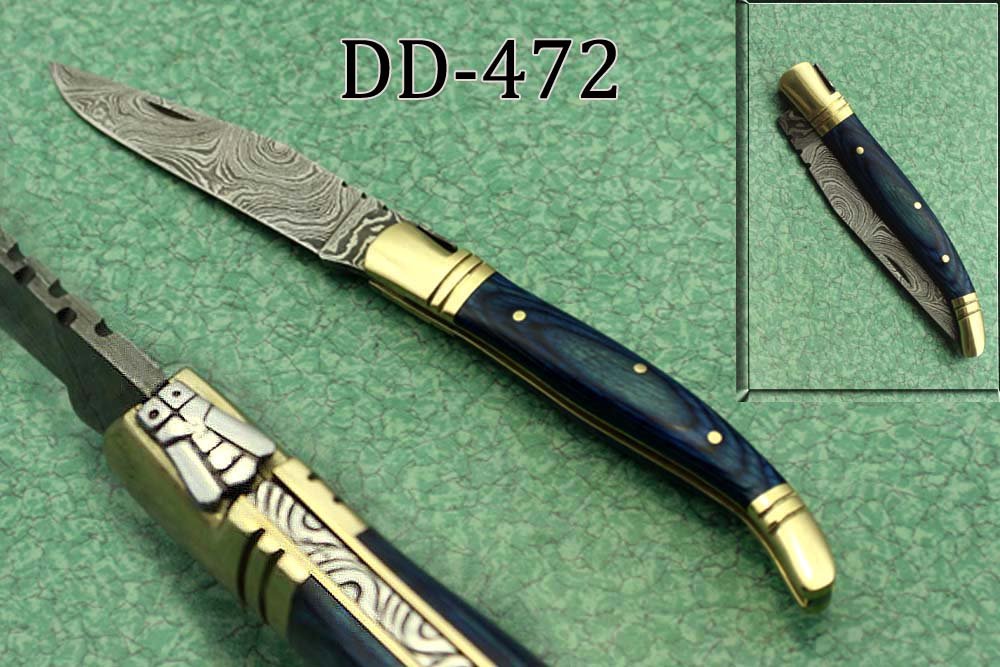 5 Pieces Laguiole Folding Damascus Steel Knife, Red, Blue, White, Black & Brown 5 Scale Colors with Brass Bolster. Cow Hide Leather Sheath Included
