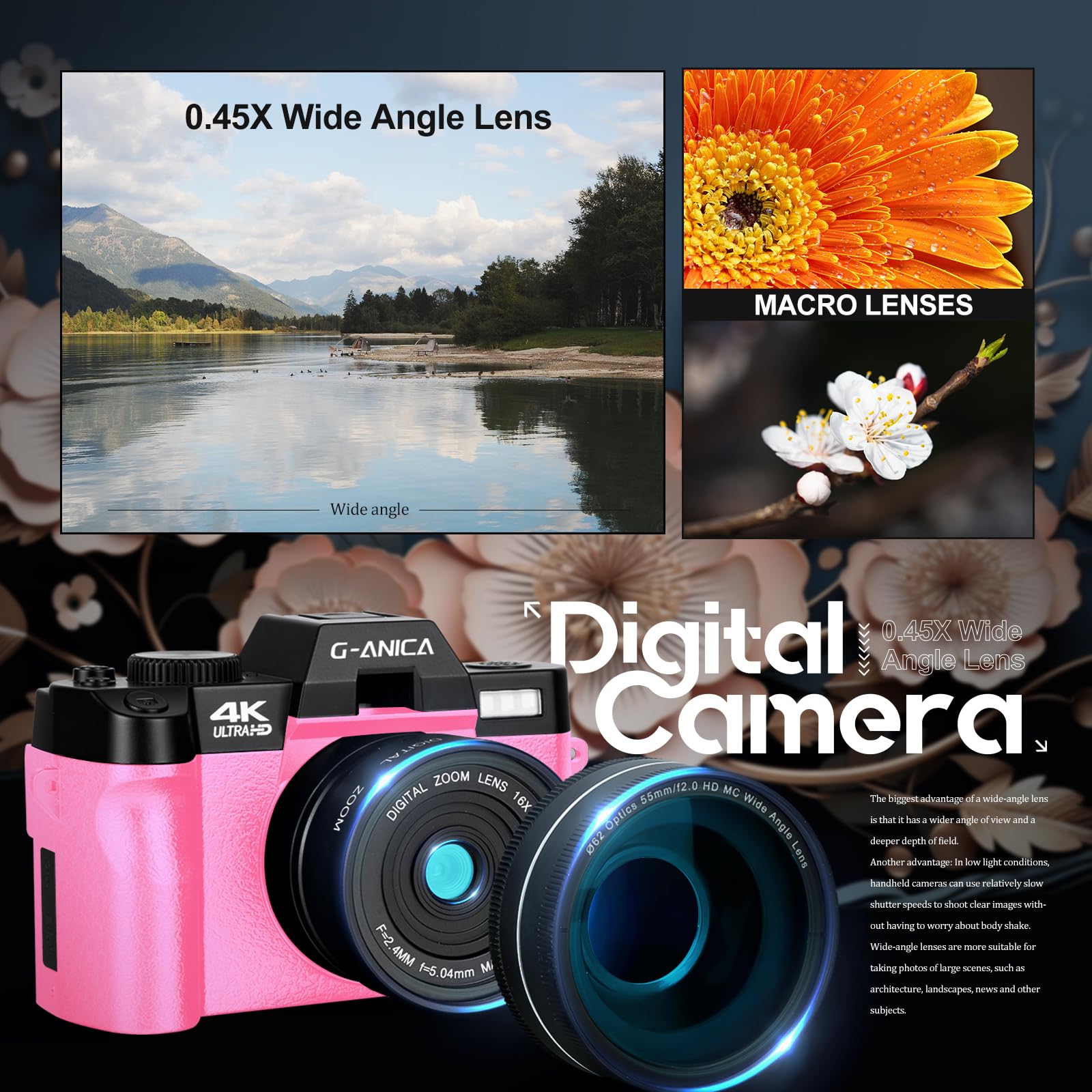 4K Digital Cameras for Photography, 48MP Vlogging Camera for YouTube with WiFi, 180° Flip Screen Compact Camera with Flash, 16X Digital Zoom Travel Camera with Wide-Angle &Macro Lens (Pink)