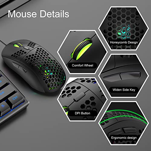 60% Gaming Keyboard Honeycomb Mouse and RGB Headset Comboith Rainbow Backlight Ergonomic 62Key Mechanical Feeling Adjustable 7200DPI Mice Stereo Sound Headphone for PS4 Xbox One PC Mac Gamer