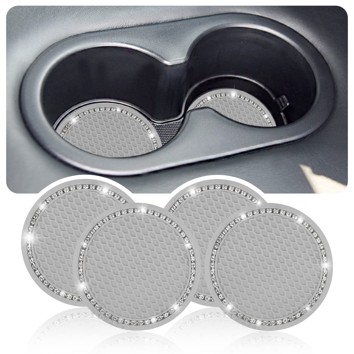 4PCS Elegant Rhinestone Cup Holder Coaster with Non-Slip Honeycomb Mesh,Bling Car Interior Accessories for Women,Protect Car Cup Holder,Table,Office from Drink Scratch Stain and Spill (Red-4pcs)
