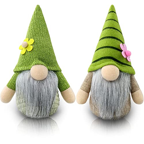Gehydy Set of 2 Summer Gnomes Plush Flower Decoration Spring Gnome Gift Handmade Green Scandinavian Tomte Stuffed Farmhouse Decor for Home Kitchen Tiered Tray