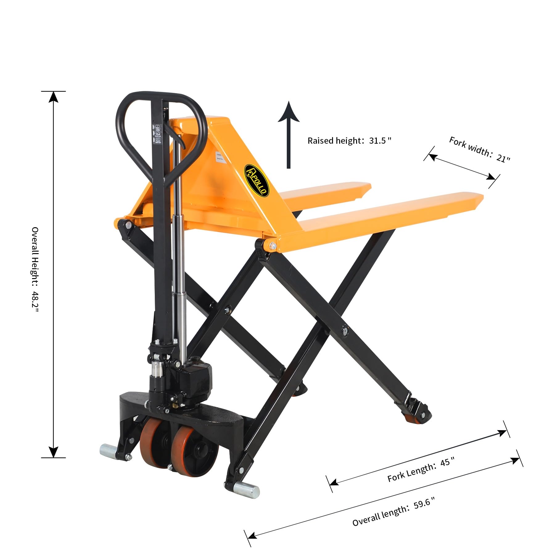 APOLLO Manual Scissor Pallet Jack High Lift Hand Truck 2200lbs Capacity 45" Lx21 W Fork Size for Material Handling Only Suitable for EU Pallets