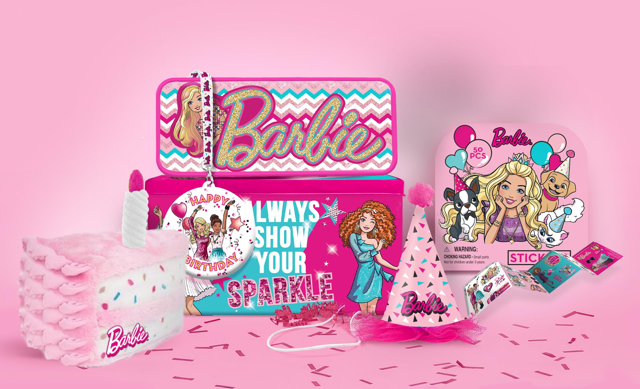 Barbie Birthday Party Gift Set - Tin Box, Tin Pencil Case, Stickers, Birthday Necklace, Plush, and Birthday Hat