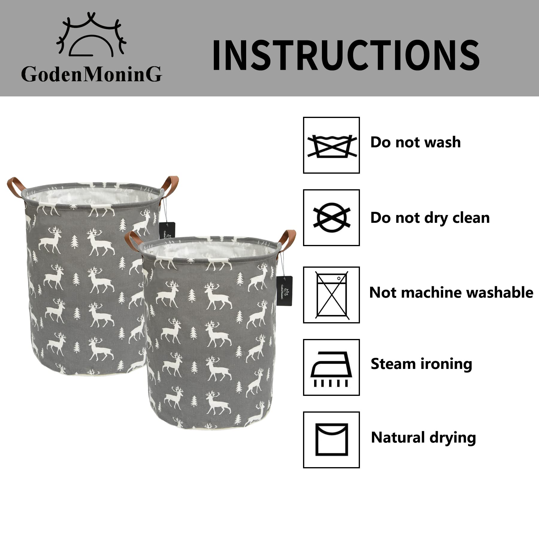 Collapsible Laundry Basket - GodenMoninG 2X 62.8L Large Sized Round Waterproof Storage Bin with Leather Handles,Home Decor,Toy Organizer,Children Nursery Hamper.(2 PACKS,Grey Deer X2)