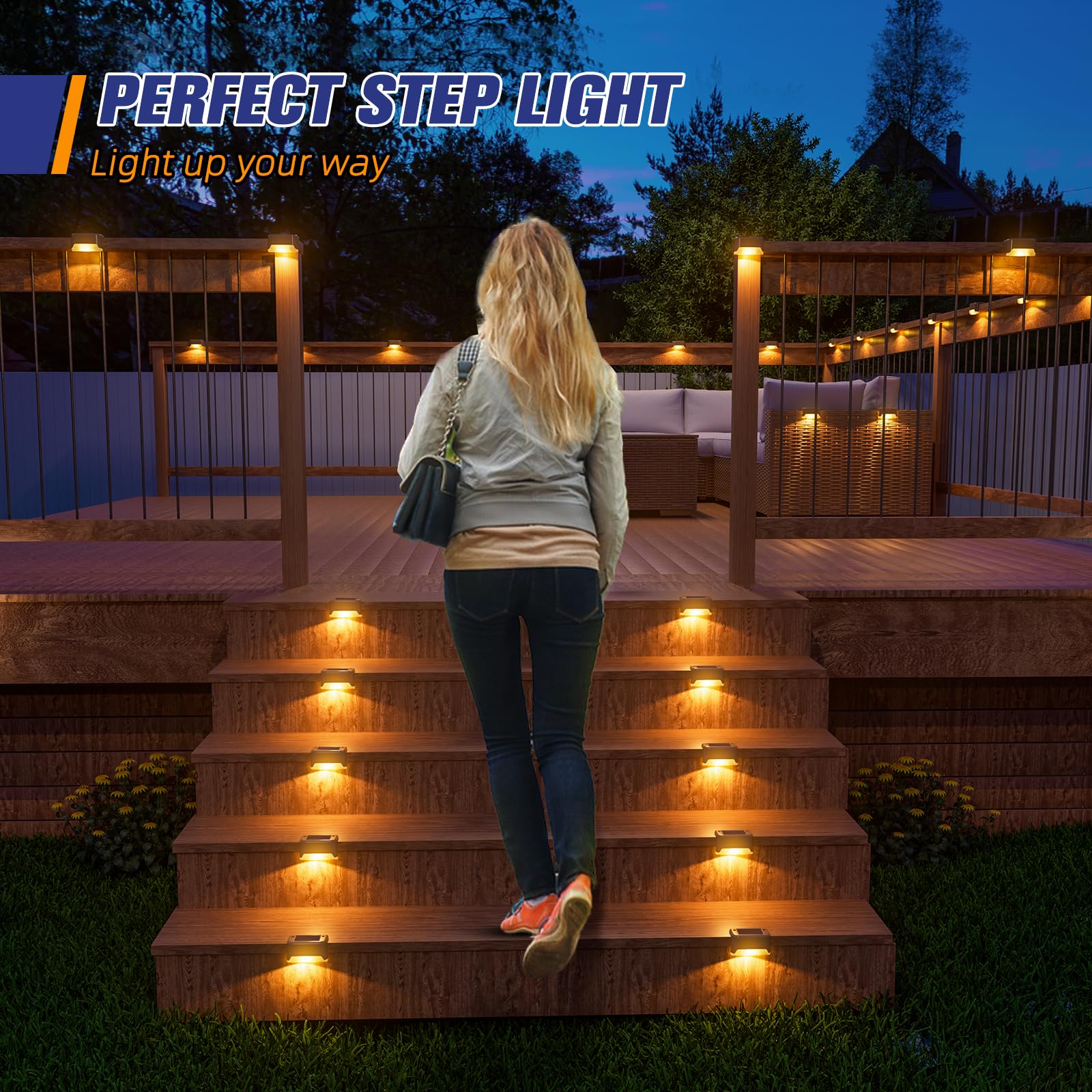 APONUO Solar Deck Lights 16 Pcs, Solar Step Lights Outdoor Waterproof Led Solar Fence Lamp for Steps,Fence,Deck,Railing and Stairs (Warm White)