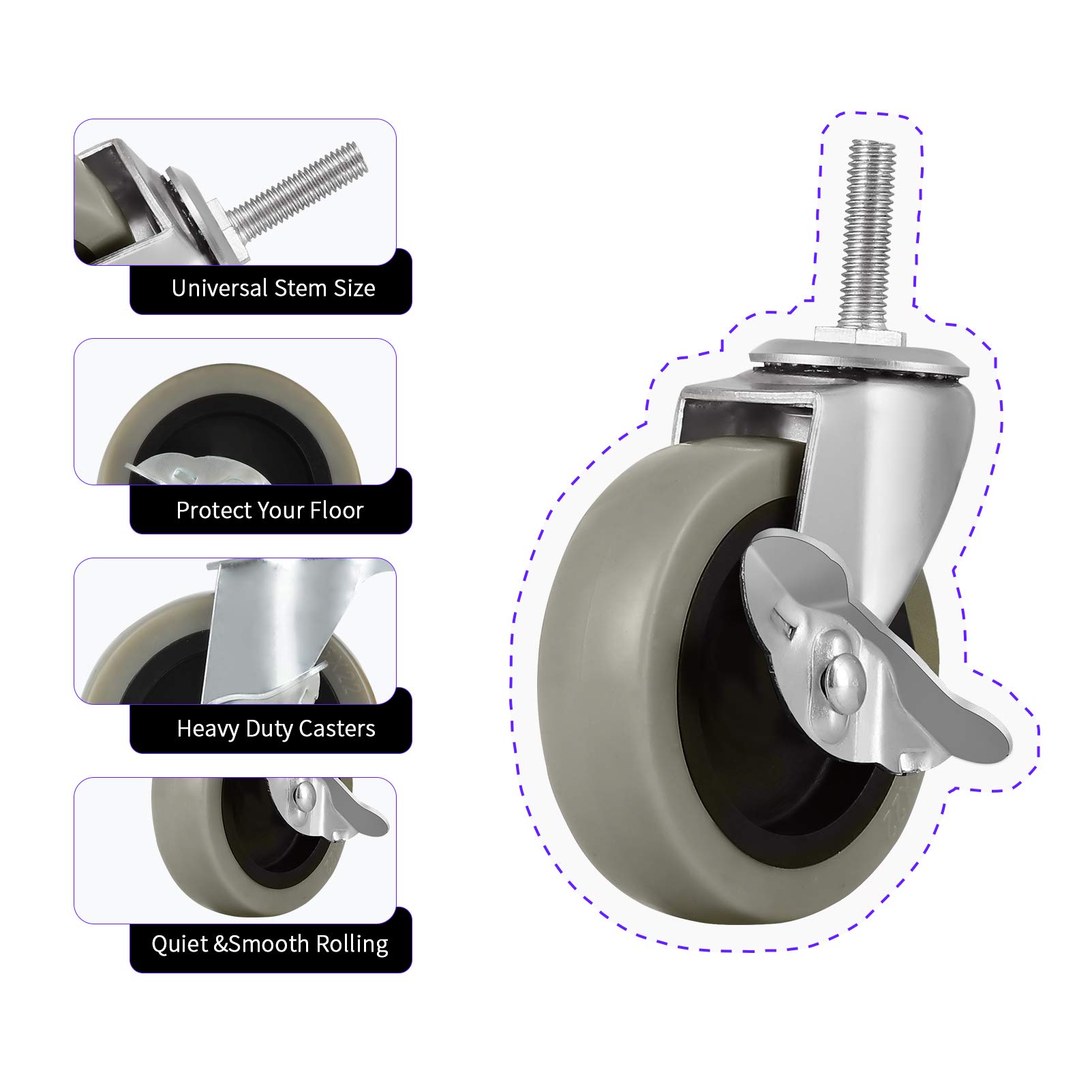 3in Rubber Caster Wheels Set of 4 Heavy Duty Casters Wheels, M8-1.25'' Threaded Stem Mount Industrial Castors Locking Metal Caster Wheels Replacement for Furniture, Dolly, Workbench, Trolley