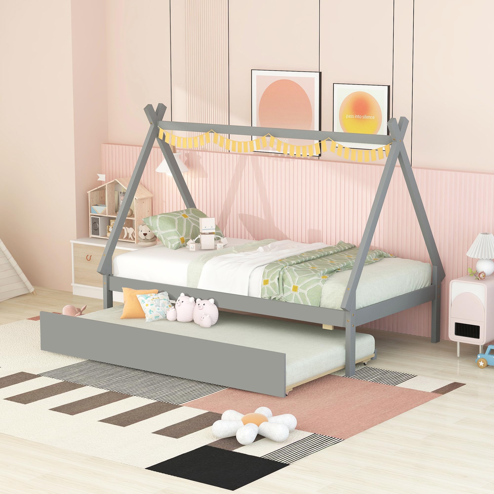 Linique Twin Size Tent Floor Bed,Teepee Bed with Pull-Out Trundle,Wooden Twin Bed Frame for Bedroom,Natural