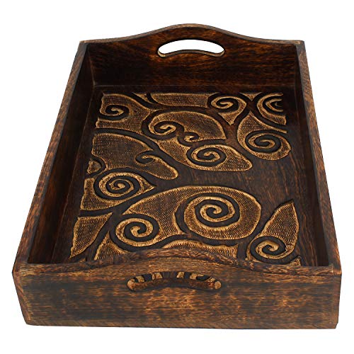 Ajuny Indian Handcrafted Rectangular Mango Wooden Decorative Serving Tray Platters with Handle Hand Carved Tree of Life Design