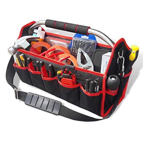 HAUTMEC 16-Inch Open Top Tool Tote Bag 16 Pockets, Foldable Design Tool Carrier With Adjustable Shoulder Strap, TB0002