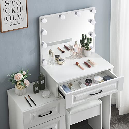 Buildonely Vanity Set with Dimmable LED Light Bulbs and 4 Large Capacity Drawers, Vanity Desk with Mirror and Lights for Makeup, Hair, and Skin Care, Vanity Table for Dressing Room and Bedroom